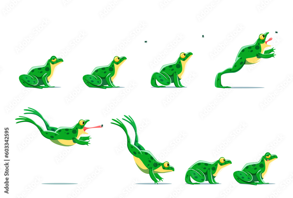 Cartoon frog jump sequence motion sprite sheet. Vector hoptoad full ...