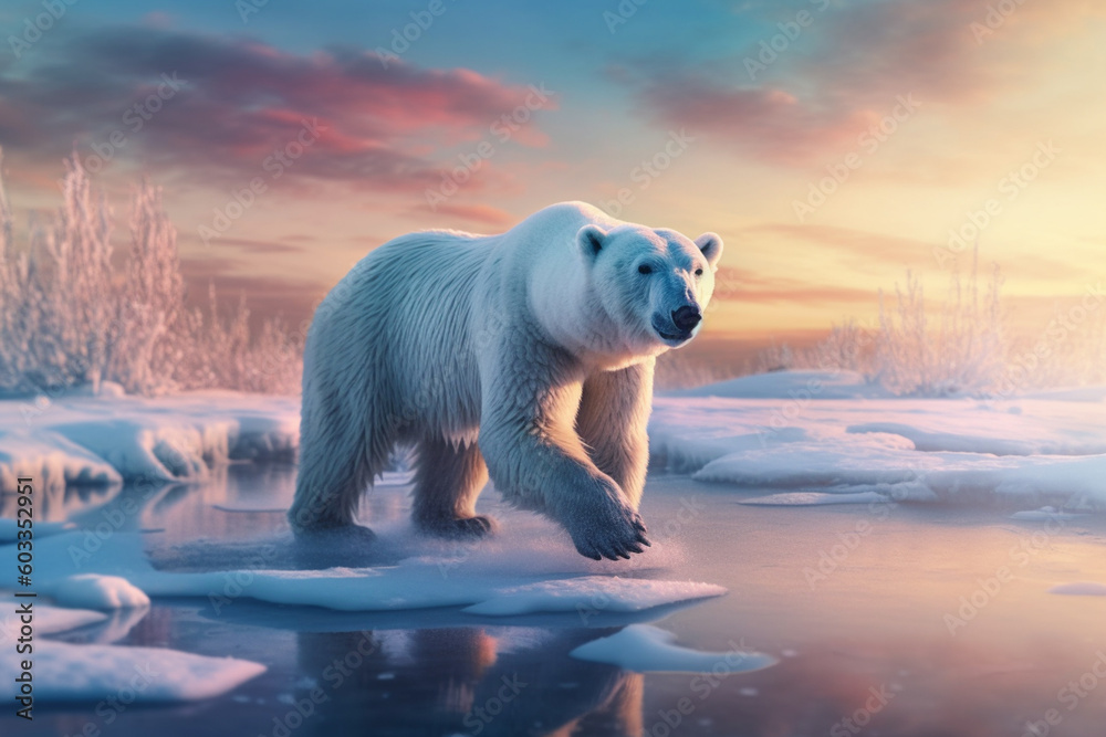 a polar bear walking on a frozen Arctic landscape, showcasing its ...