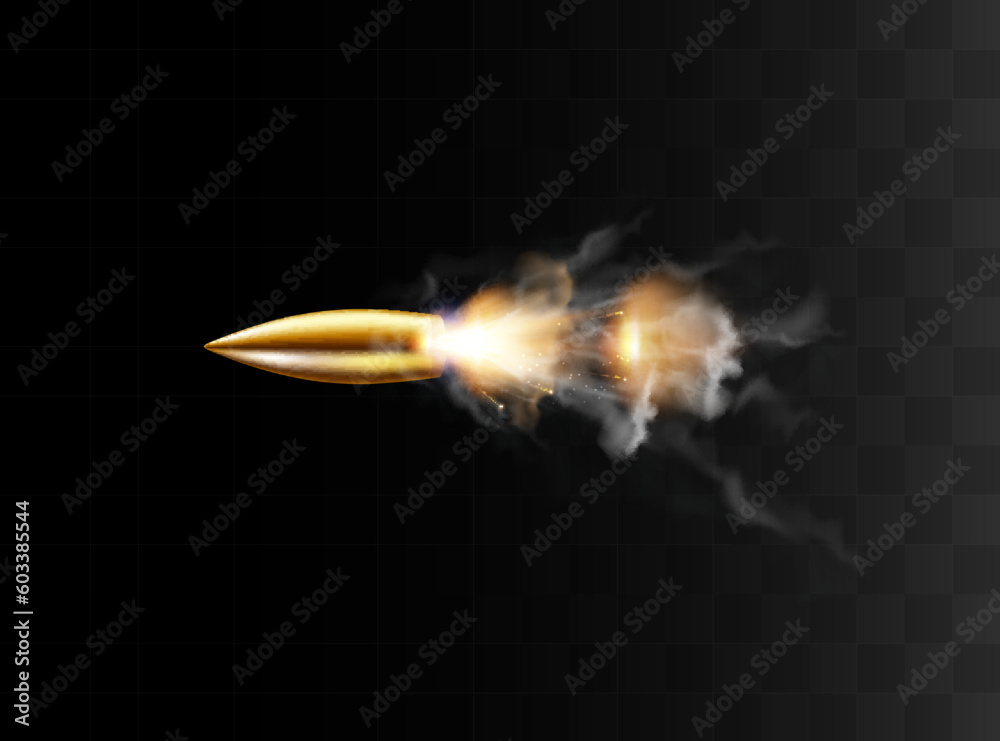 Gunshots, bullet in motion, military smoke trails. Realistic flying ...