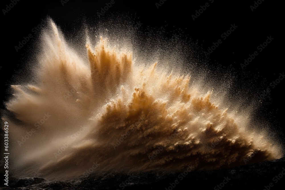 Sand explosion, with splashes of golden colored sand against a dramatic ...