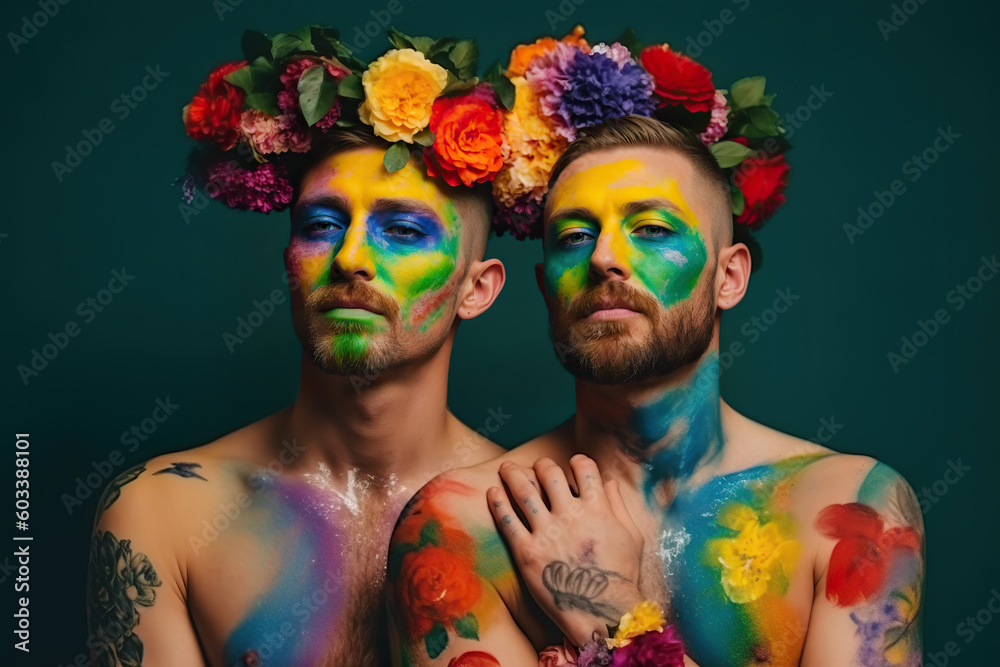 Generative AI illustration of shirtless homosexual couple with colorful ...