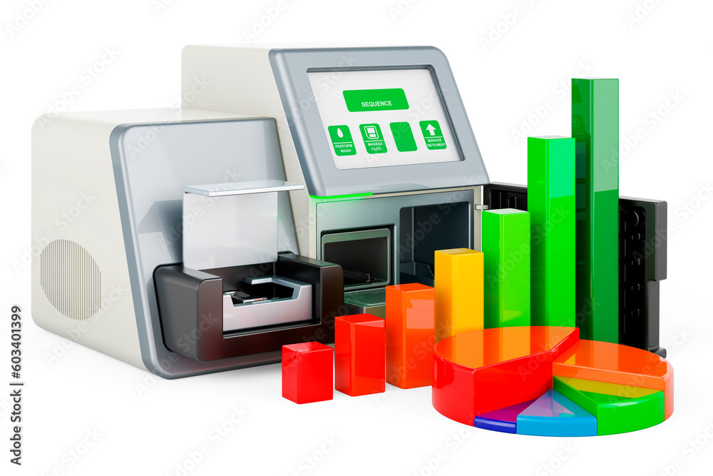 Ilustración de Stock DNA sequencer with growth bar graph and pie chart ...