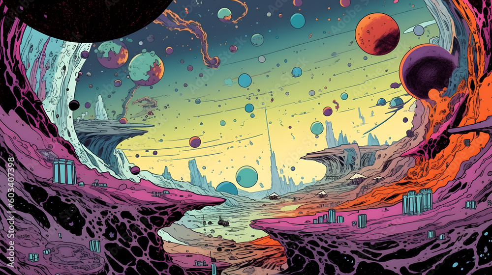 A retro comic-style outer space landscape, with colorful planets ...