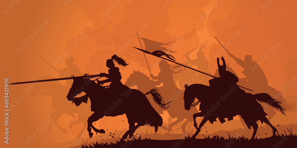 Medieval knights in charge. Vector illustation - isolated. Horse riders attacking enemy. Battle ...