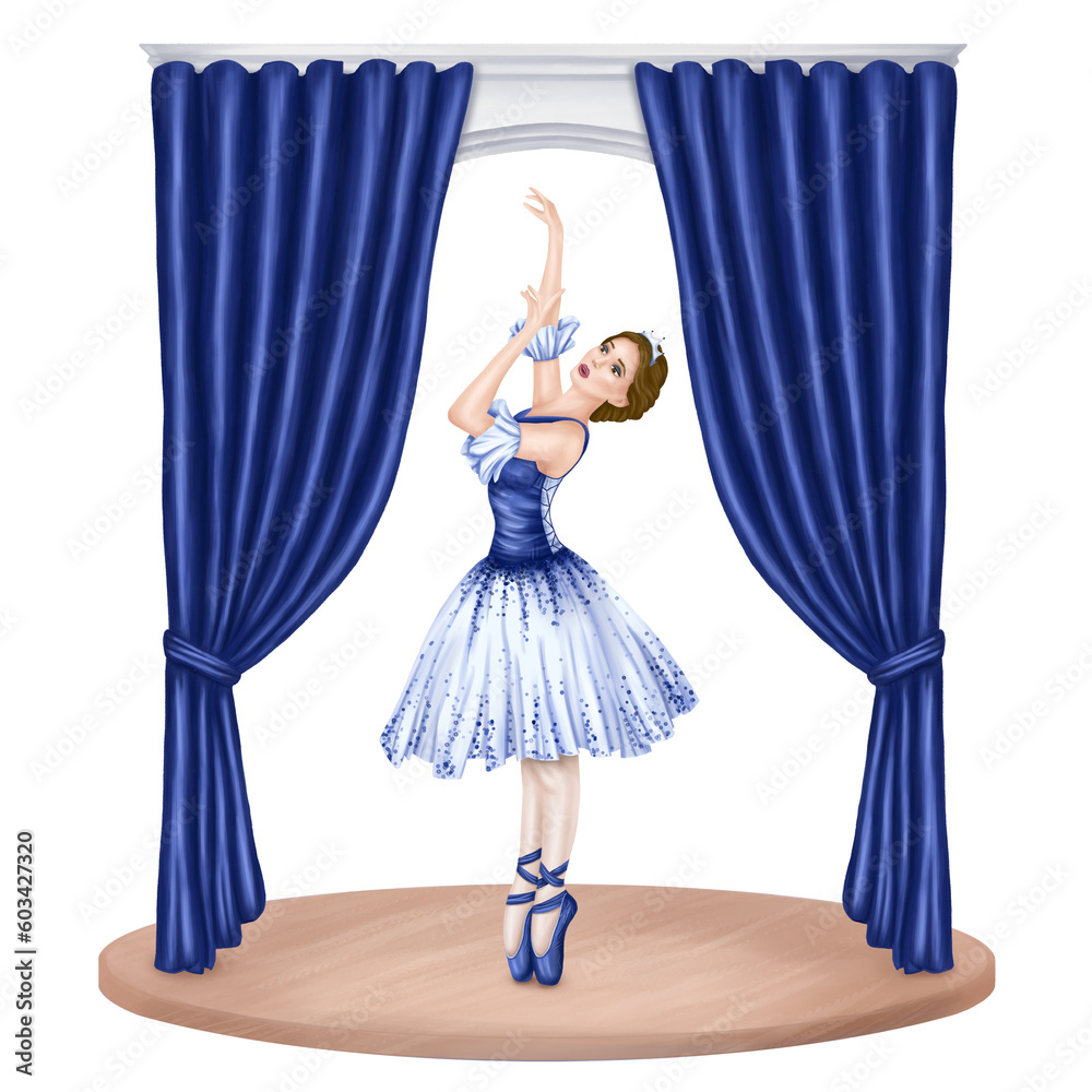 Prima ballerina on stage in a theater hall in an elegant blue tutu and ...