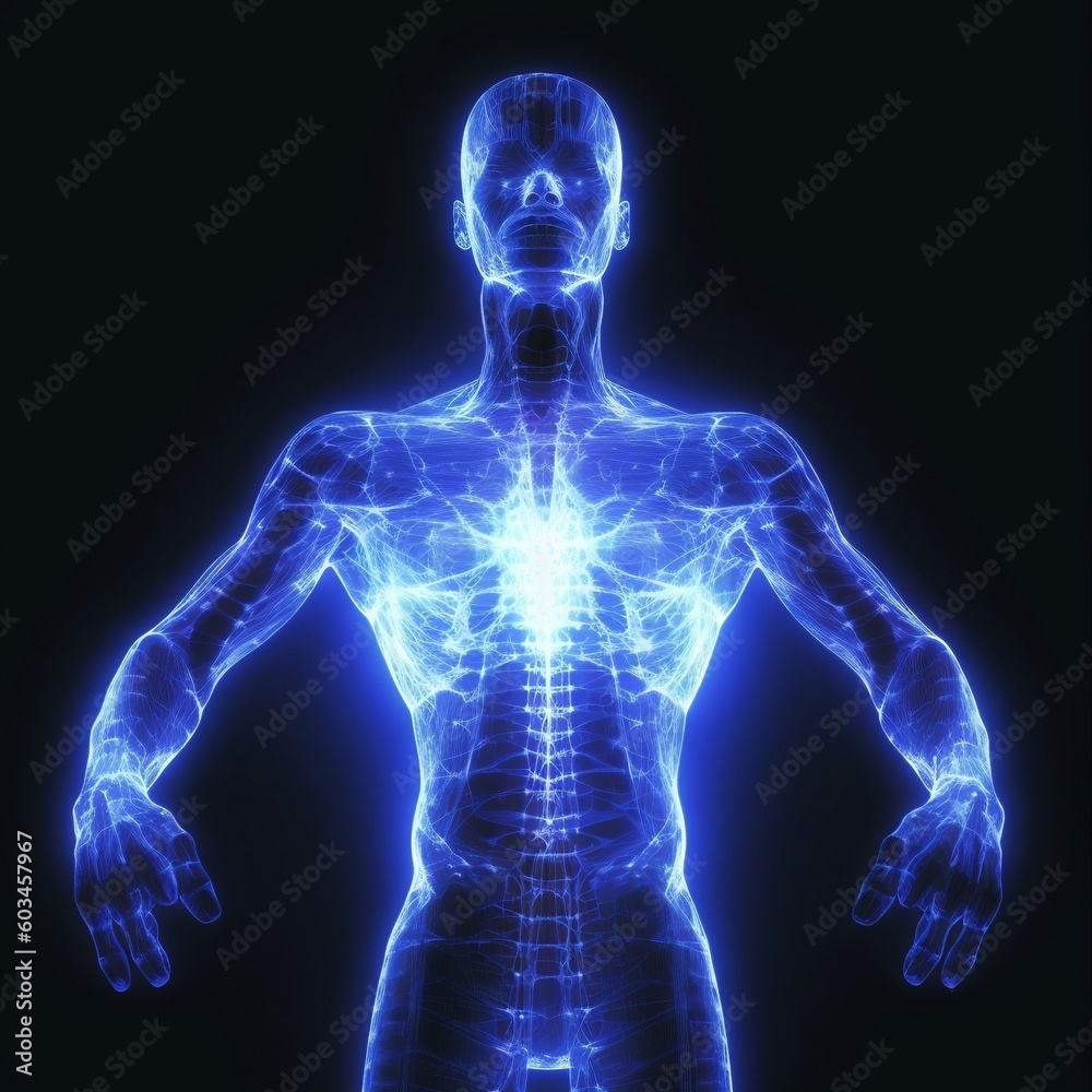 a human body with healing abilities, lights, blue, silver, surreal ...