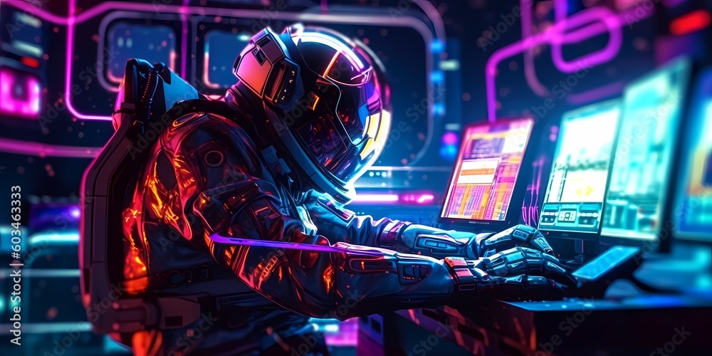 Retrowave Neon illustration of male wearing space suit figure accessing virtual terminal. Alien ...