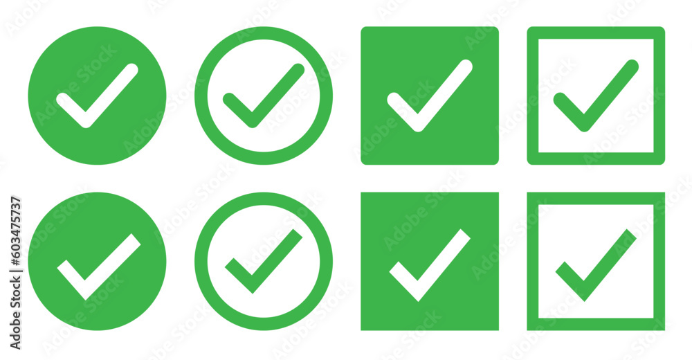 Set green approval check mark icons in circle and square, checklist ...