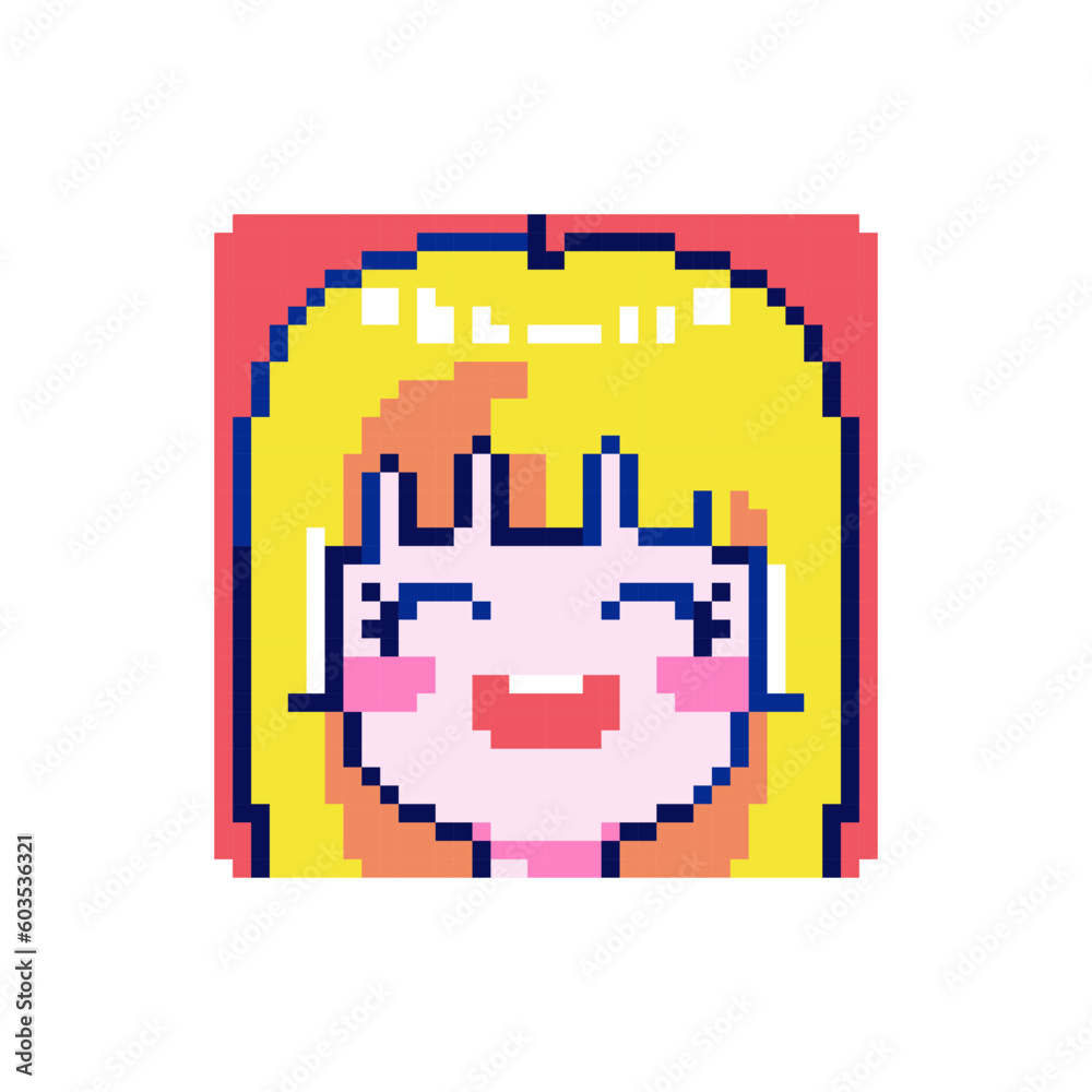 Cute Pixel Art Happy Emote Icons. Expressive 8bit Smiling Blonde Girl ...