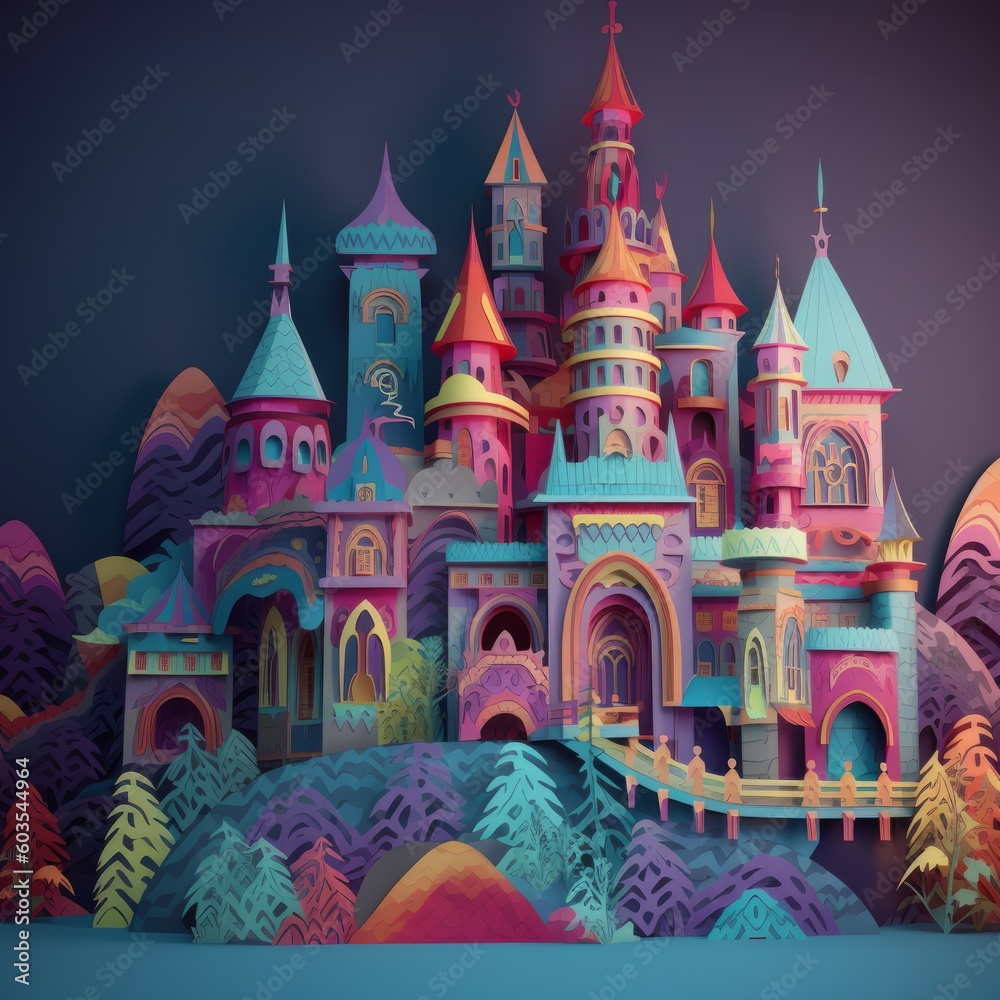 Digital illustration of a vibrant colorful fantasy castle, medieval ...