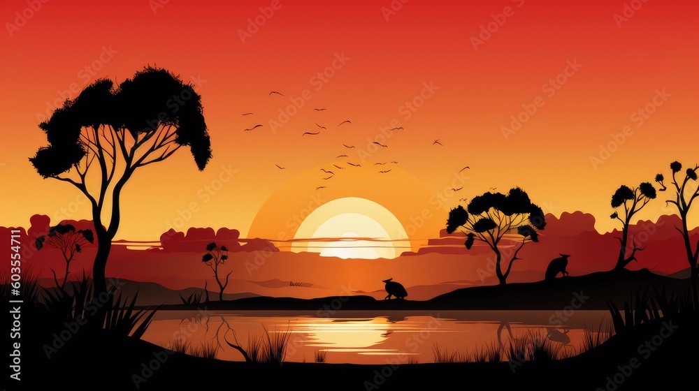 Outback Australia landscape silhouette down under, red sandy desert ...