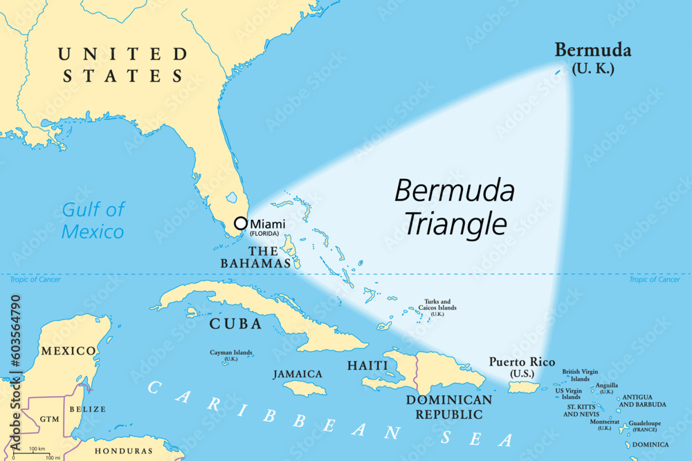 The Bermuda Triangle or Devils Triangle, political map. Region in the ...