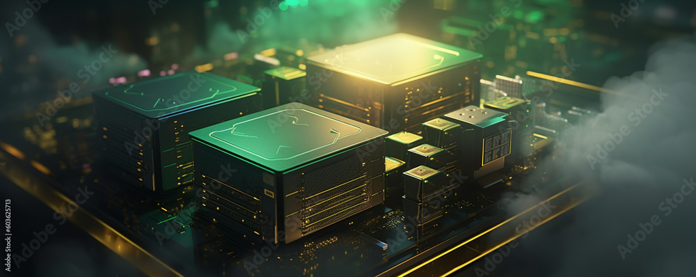 Concept art of cloud computing with a series of interconnected data storage devices in a green ...