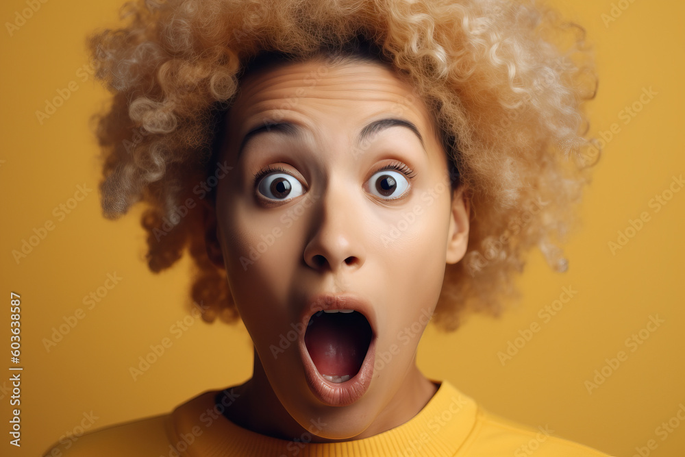 young woman with big suprised eyes and open mouth. Expression emotions ...