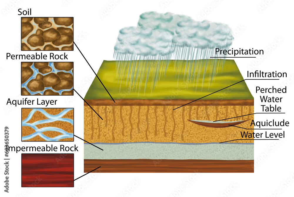 Didactic board of groundwater, groundwater follows, water cycle in ...