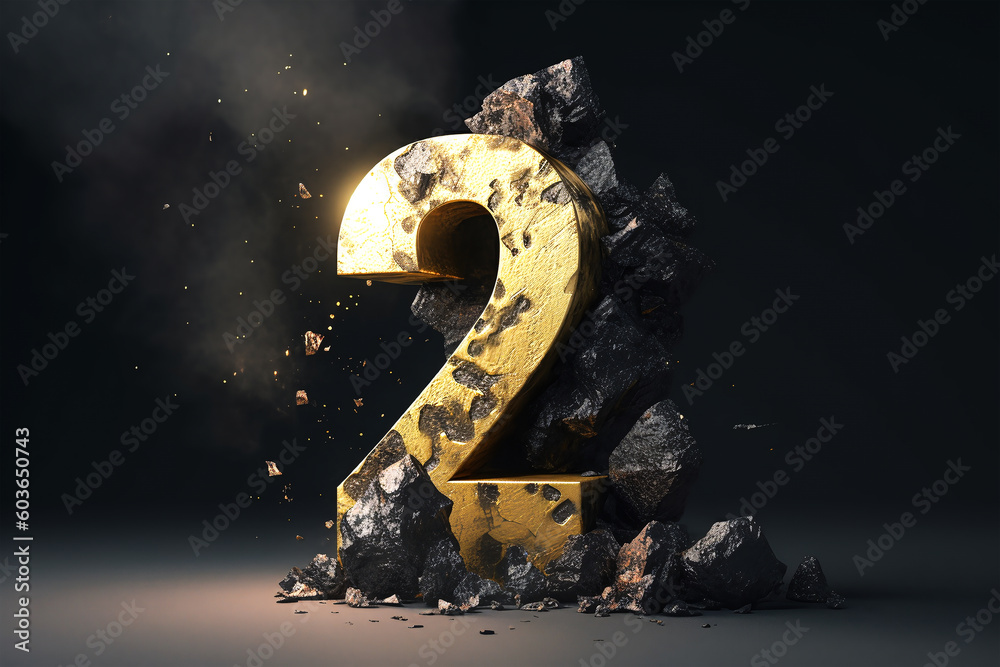 Stone style font.Golden number 2,two,forged from stone. Second place ...