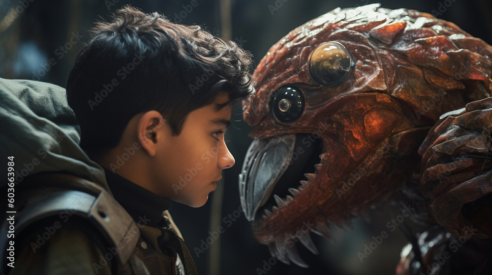 Ilustración de Stock Generative ai young teenage boy meeting alien to ...