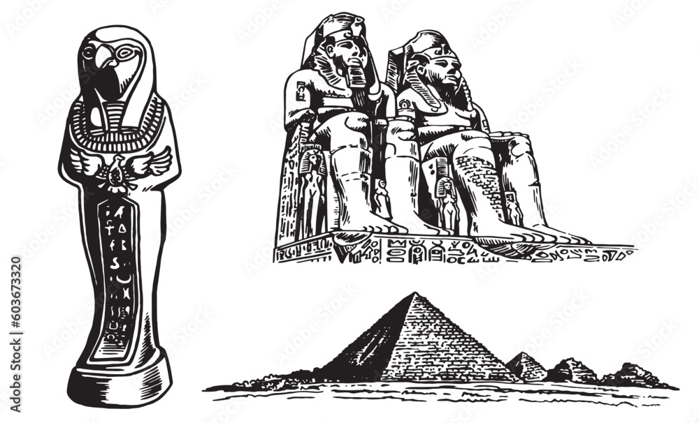 Graphical set of Egypt landmarks isolated on white, vector illustration ...