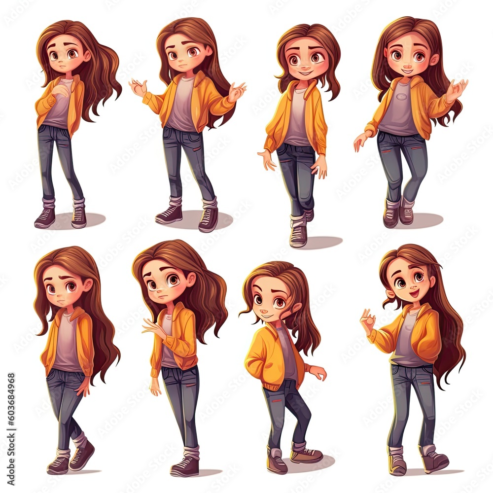 Teen girl character, multiple poses and expressions, collection ...