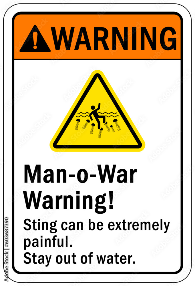Beach safety warning sign and labels man o war warning, sting can be ...
