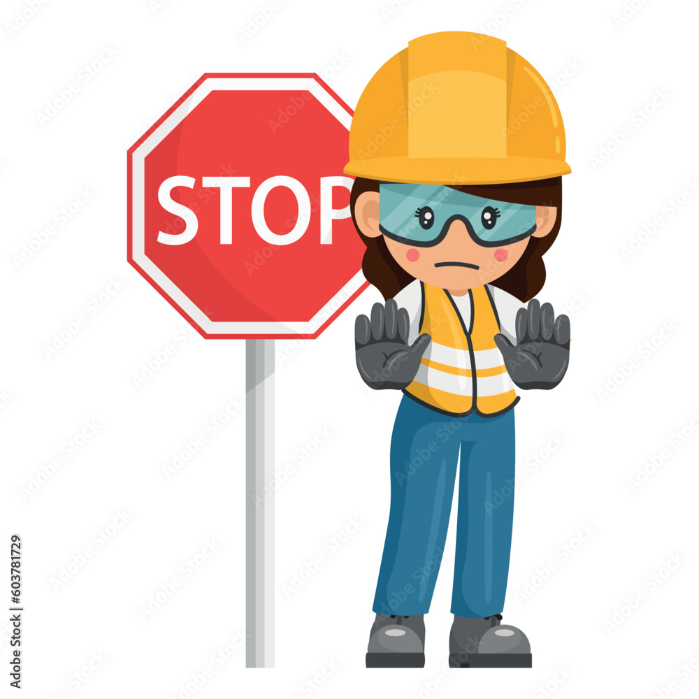 Upset industrial woman worker holding stop sign. Worker with his ...
