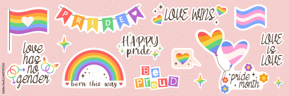 Sticker set of LGBTQ community symbols with groovy retro elements ...