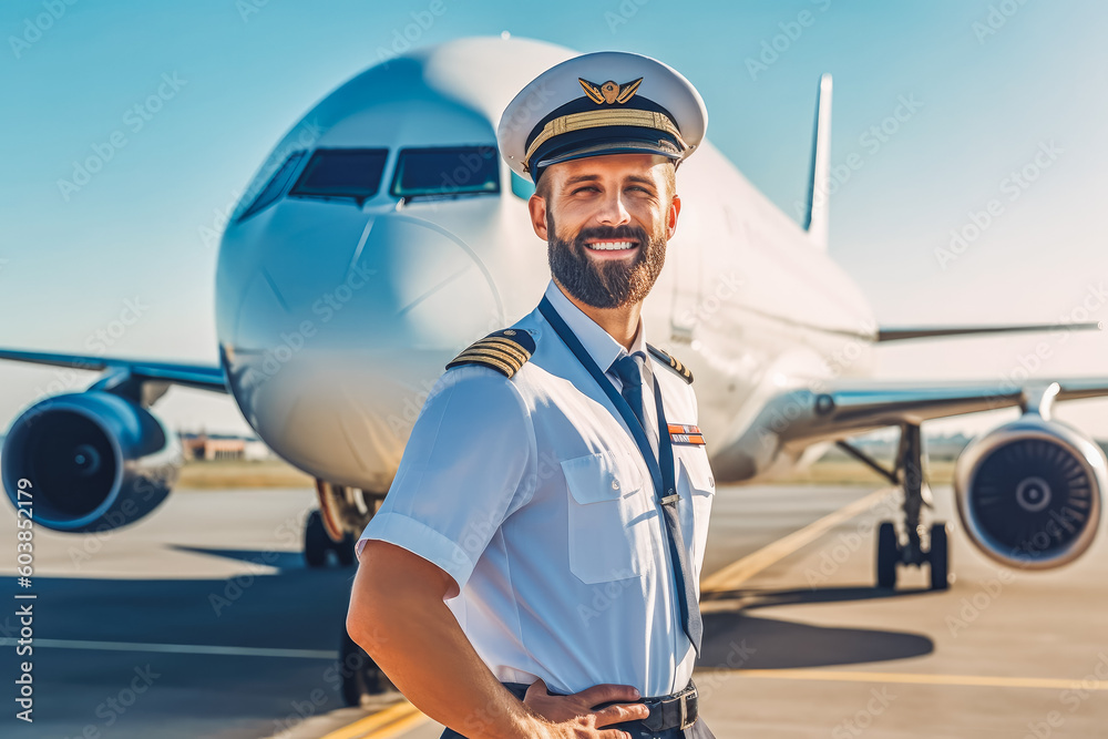 Confident pilot standing near airliner. Sunny day at the airport with ...