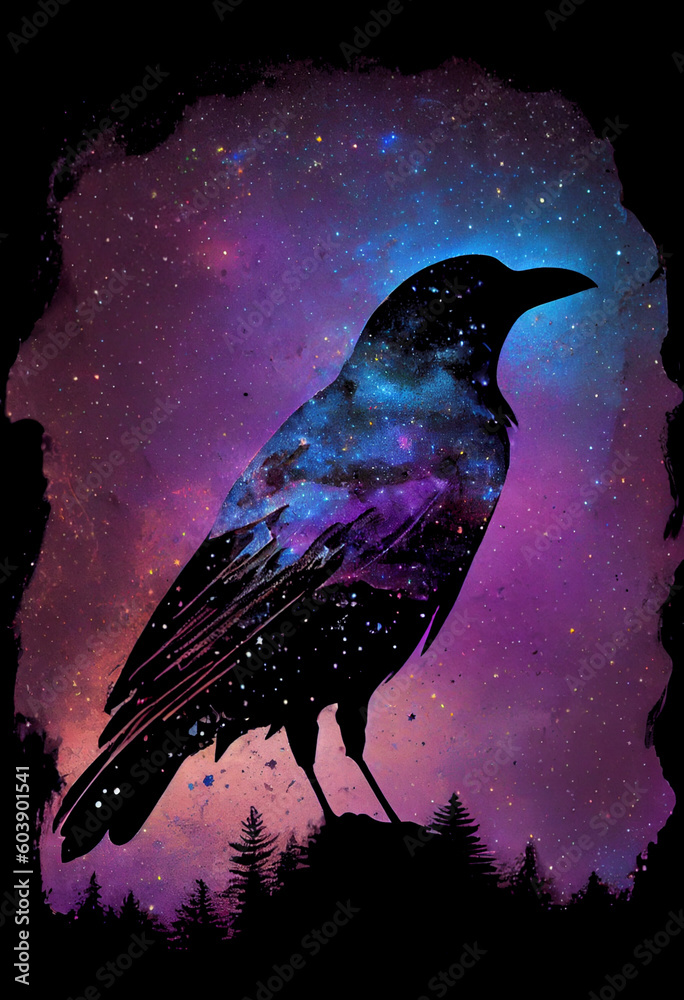 Raven made of the night sky; galaxy night sky raven silhouette design ...