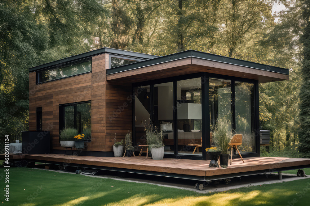 Modular wooden house on wheels with flat roof and big windows all ...