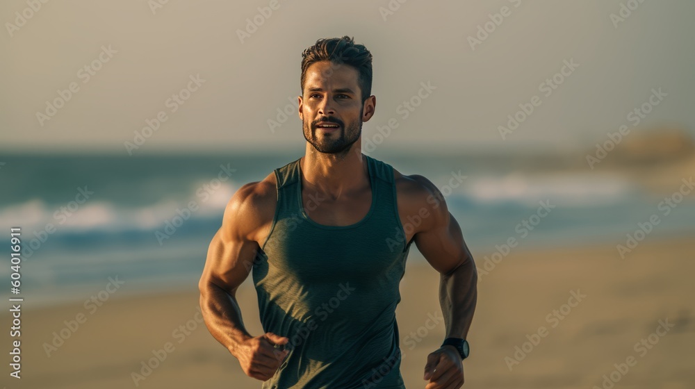 Attractive fit man running on Santa Monica Beach boardwalk pacific ...
