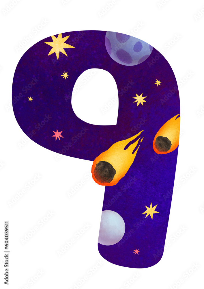 Number nine (9). Space theme. Colorful children hand drawn illustration ...