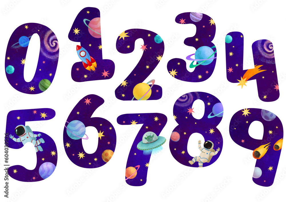 Space numbers set. 0 to 9 numbers collection. Isolated on transparent ...