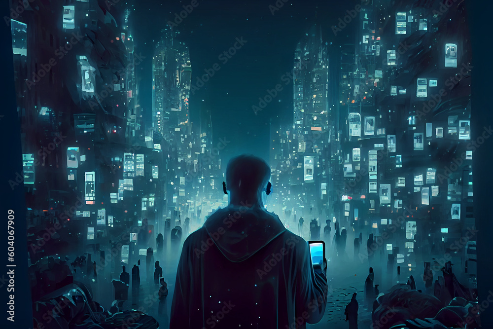 An illustration depicting a person standing in a dark space engulfed by ...