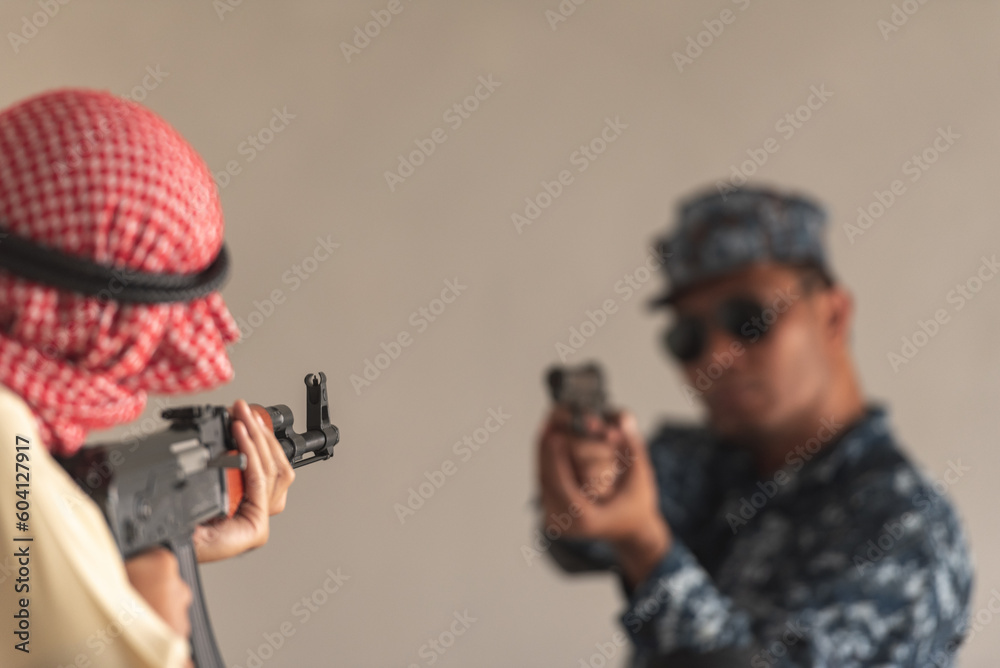 Police cop constable aiming handgun for gunfight with terrorist thief ...