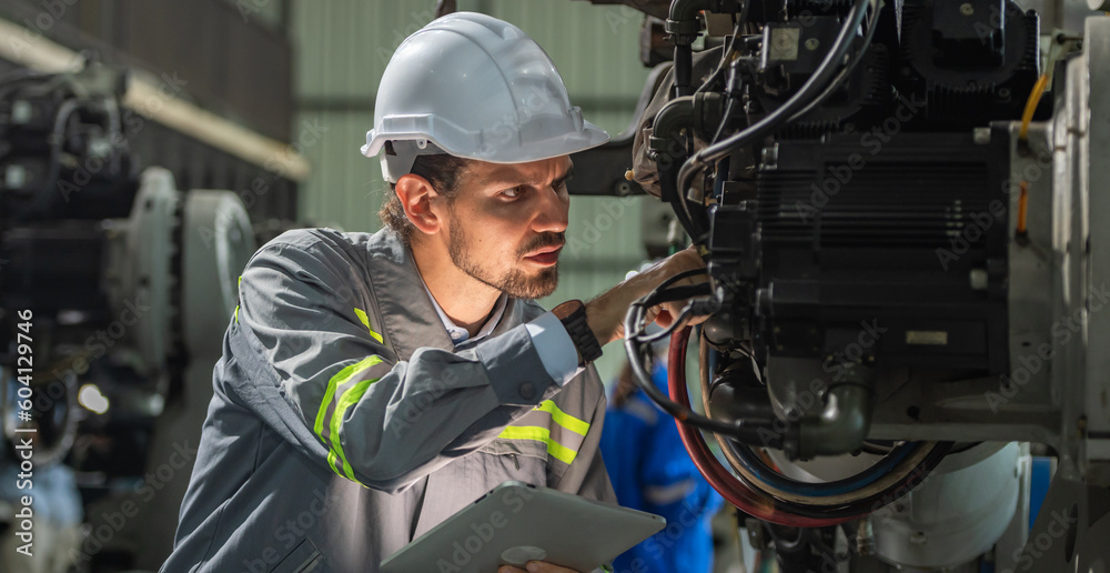 male automation engineer in uniform helmet safety inspection check ...