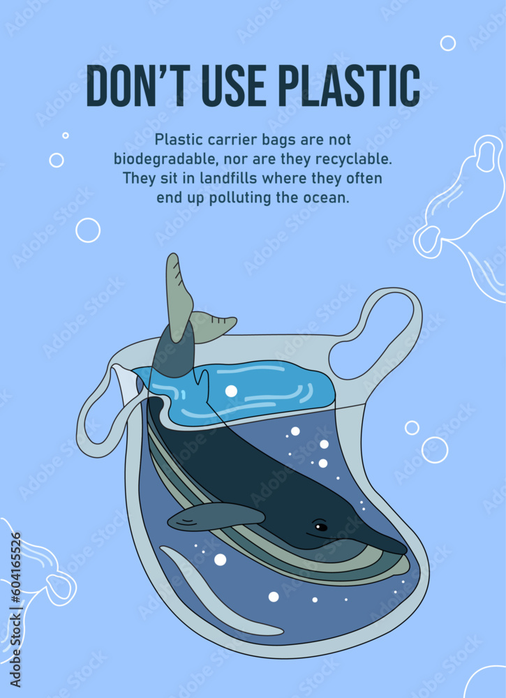Stop ocean plastic pollution. Ecological poster. Whale composed of ...