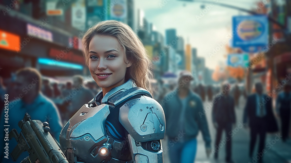 young adult woman is soldier with combat suit, machine robot, cyborg ...