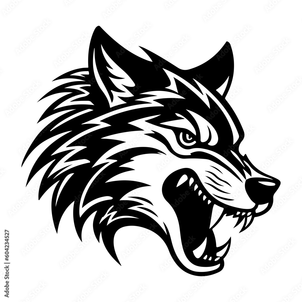 Angry Wolf Face Side, wolf mascot logo, Wolves Black and White Animal ...