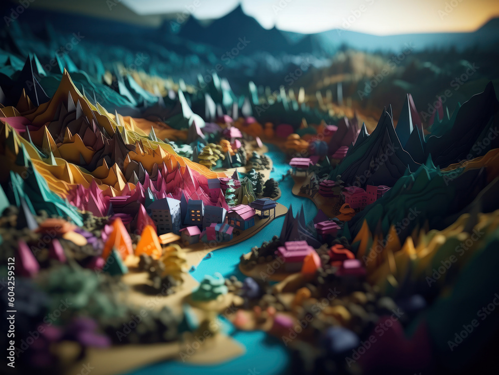 Colorful papercraft medieval city paper cut terrain background created ...