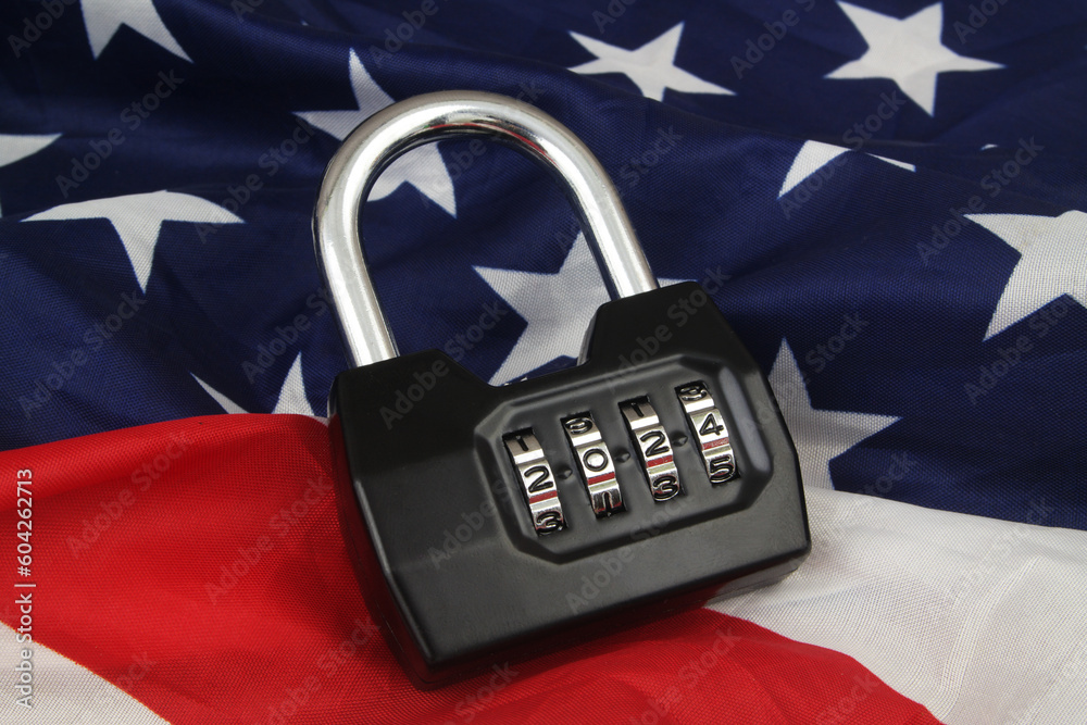 Black padlock with numbers 2024 on US flag. Election security and data ...