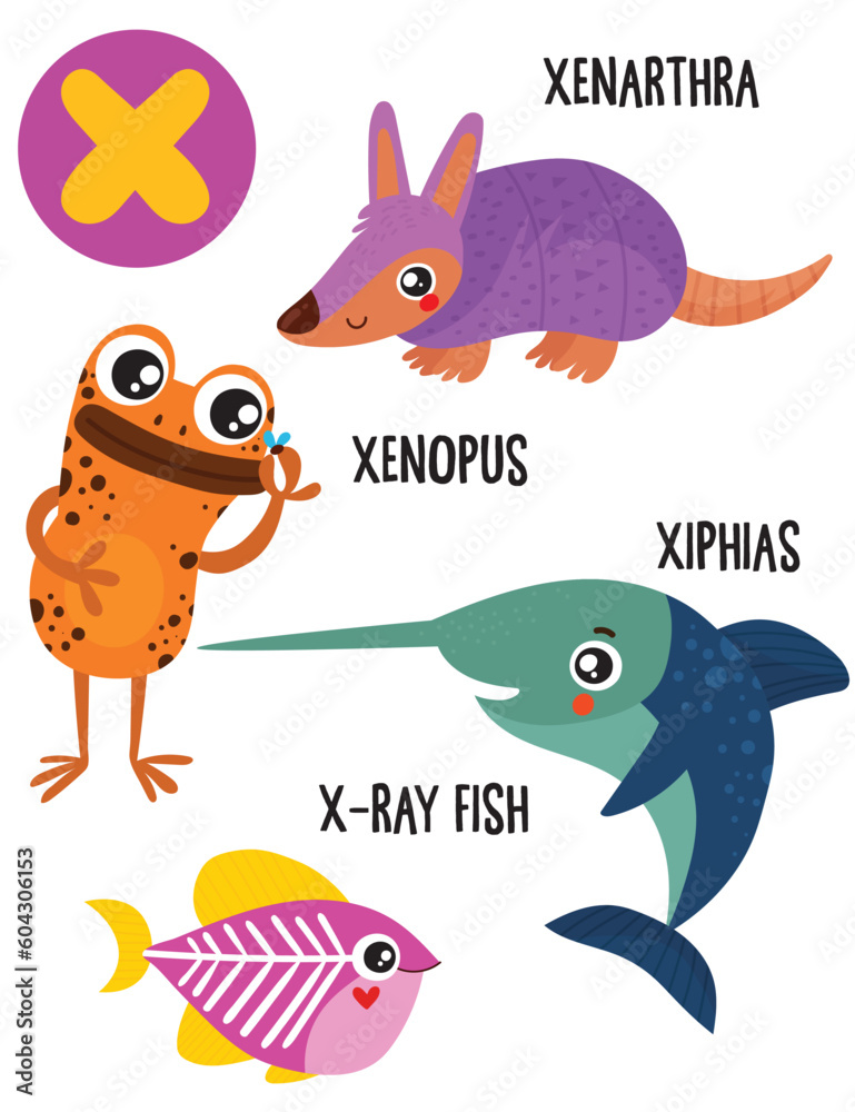 English alphabet with cute animals vector illustrations set. Funny ...