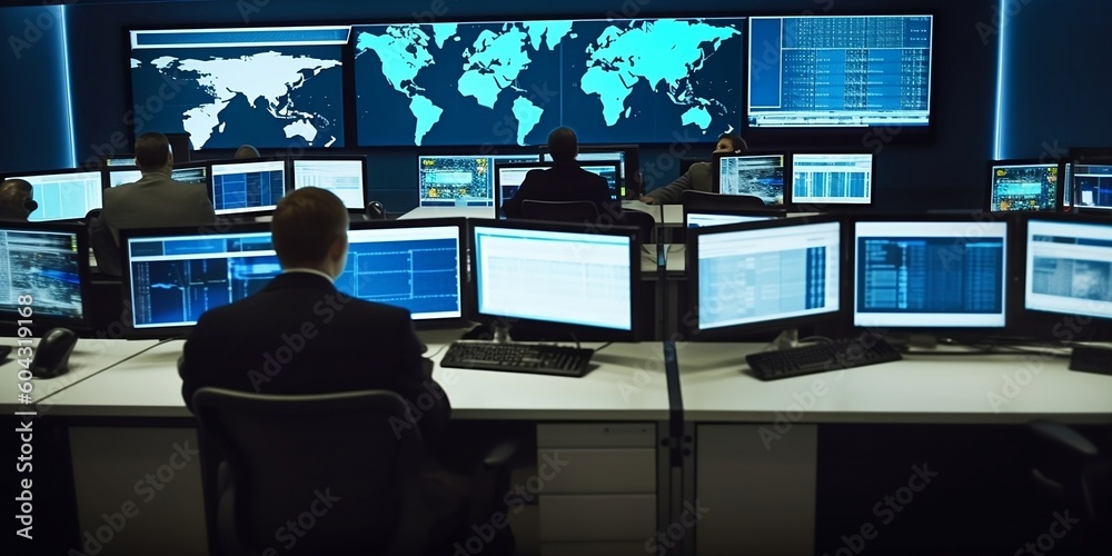 Interior of security operations centre. Secret intelligence service ...
