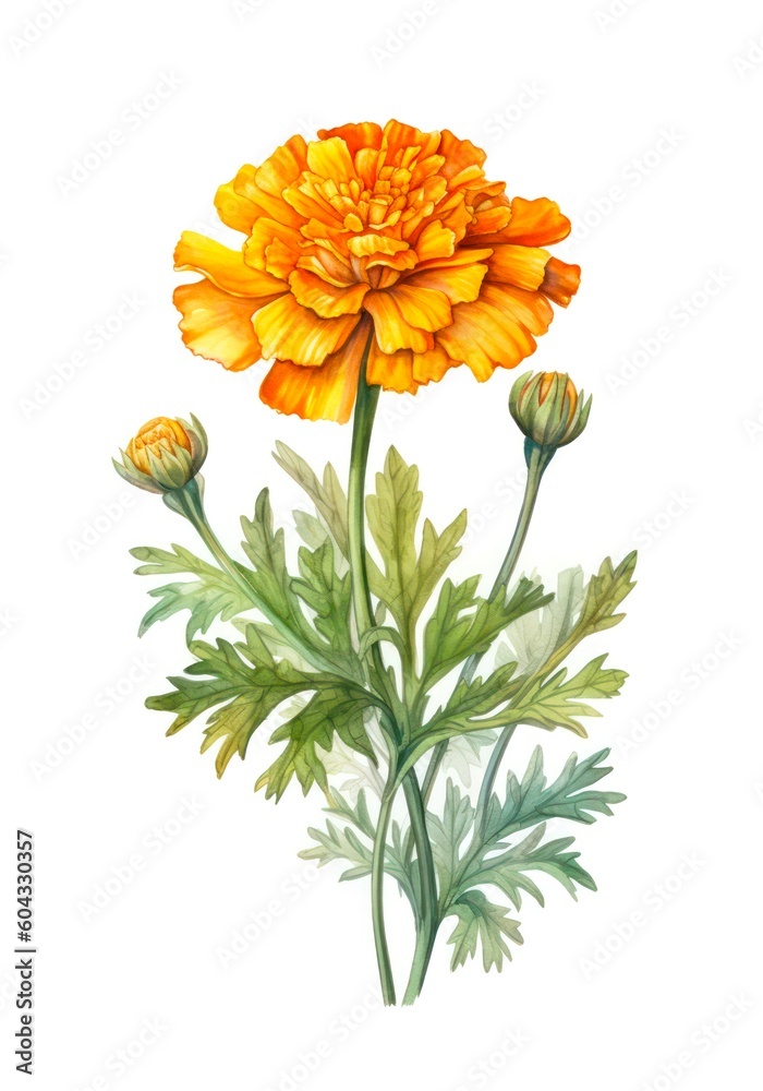 Watercolor illustration of a marigold flower isolated on white background. Generative AI. Stock ...