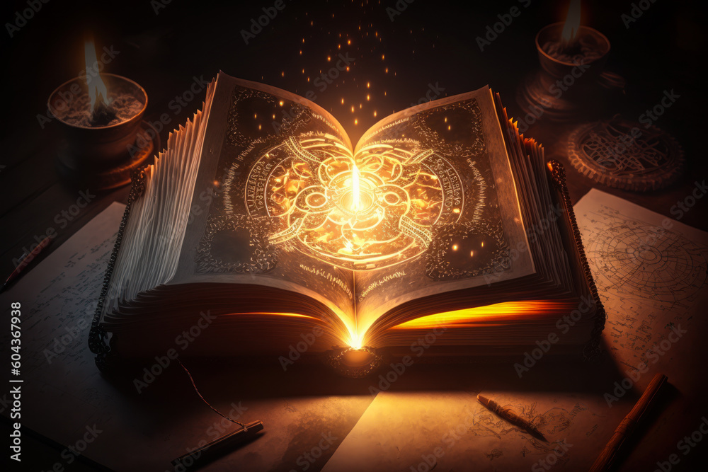 Captivating image of an ancient, mystical workspace with a warmly lit ...