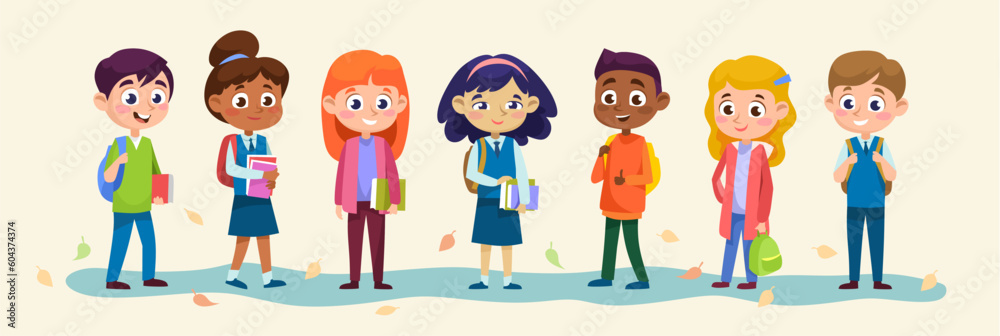 Collection of different student characters isolated on a beige ...