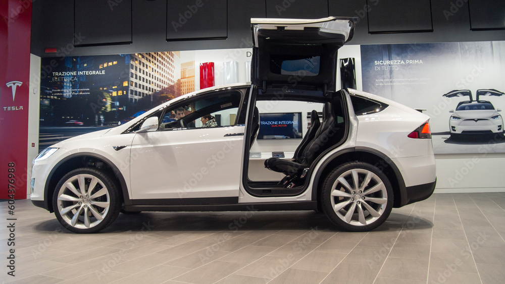 Tesla EV electric car brand dealer in Milano, Italy, Tesla model S and ...