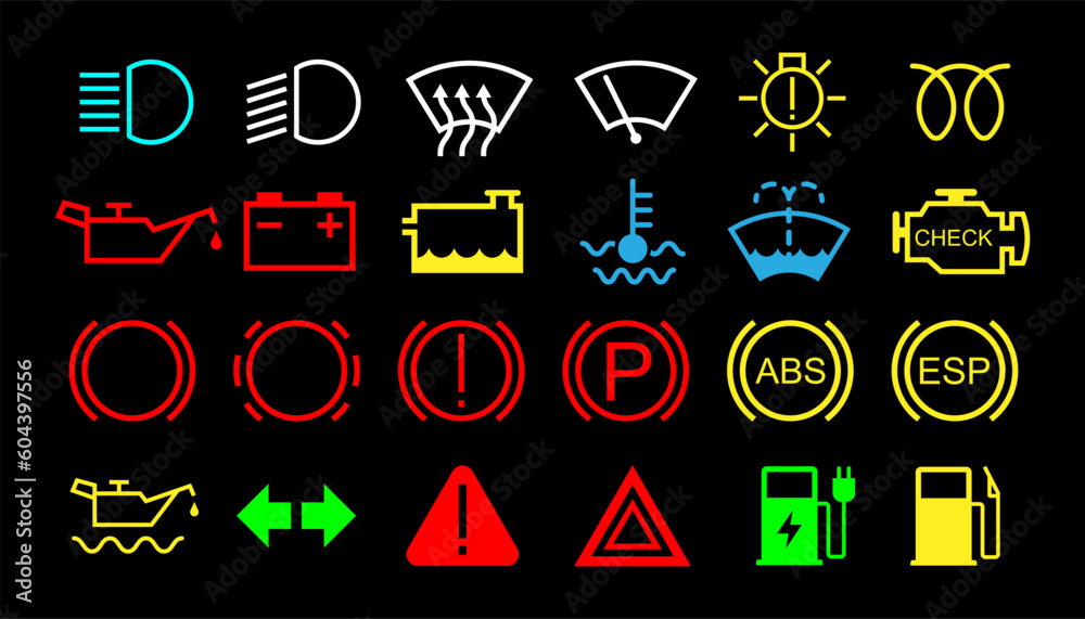 Car dashboard icon set. Vehicle service and warning symbol sign ...