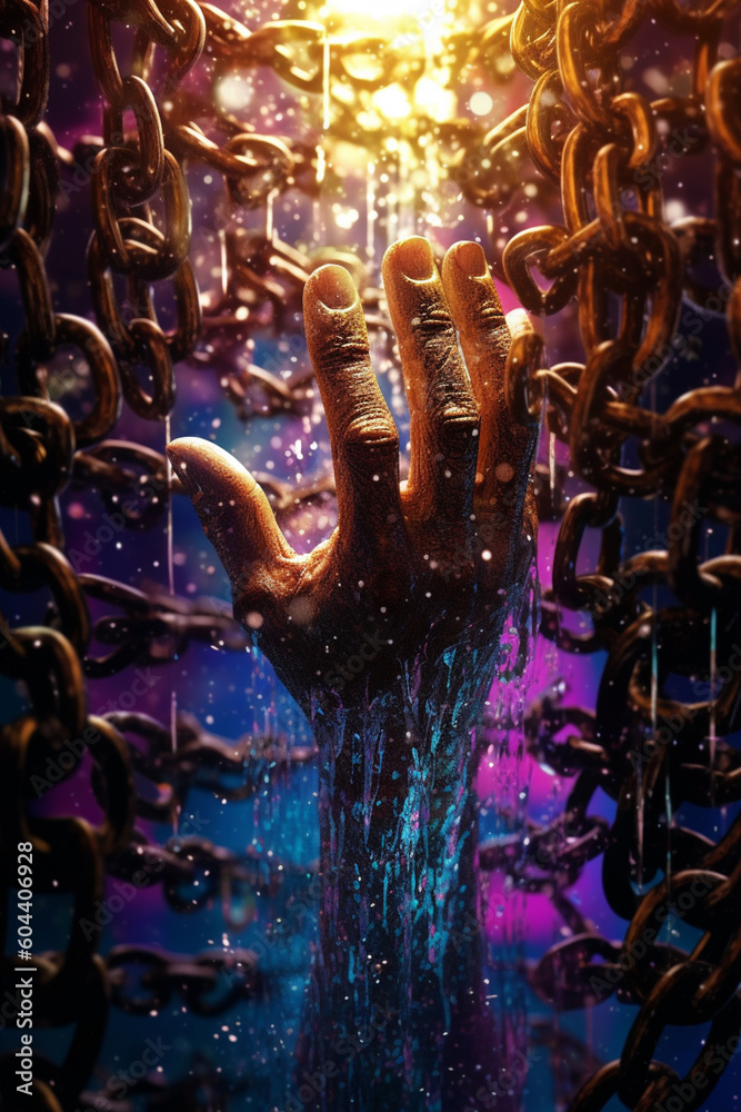A digital artwork portraying a human hand emerging from a pool of chains, with rays of light ...
