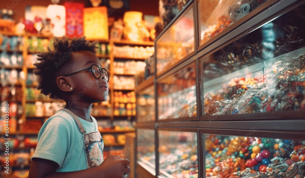 Ilustracja bez tantiem: Cute African American boy in candy store. Child ...
