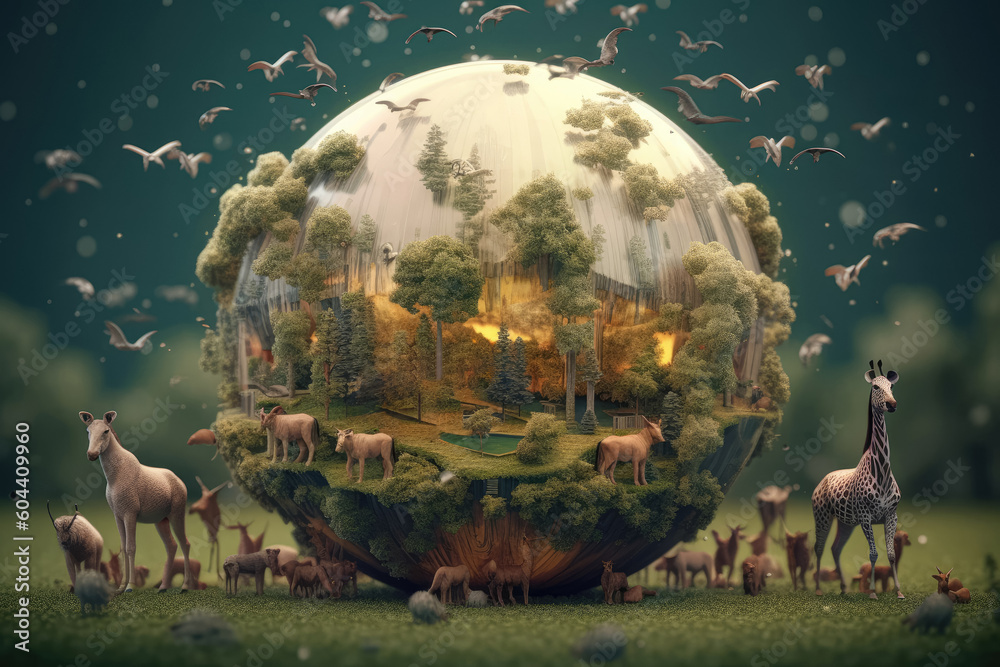A spherical globe-shaped artwork featuring animals, representing the ...